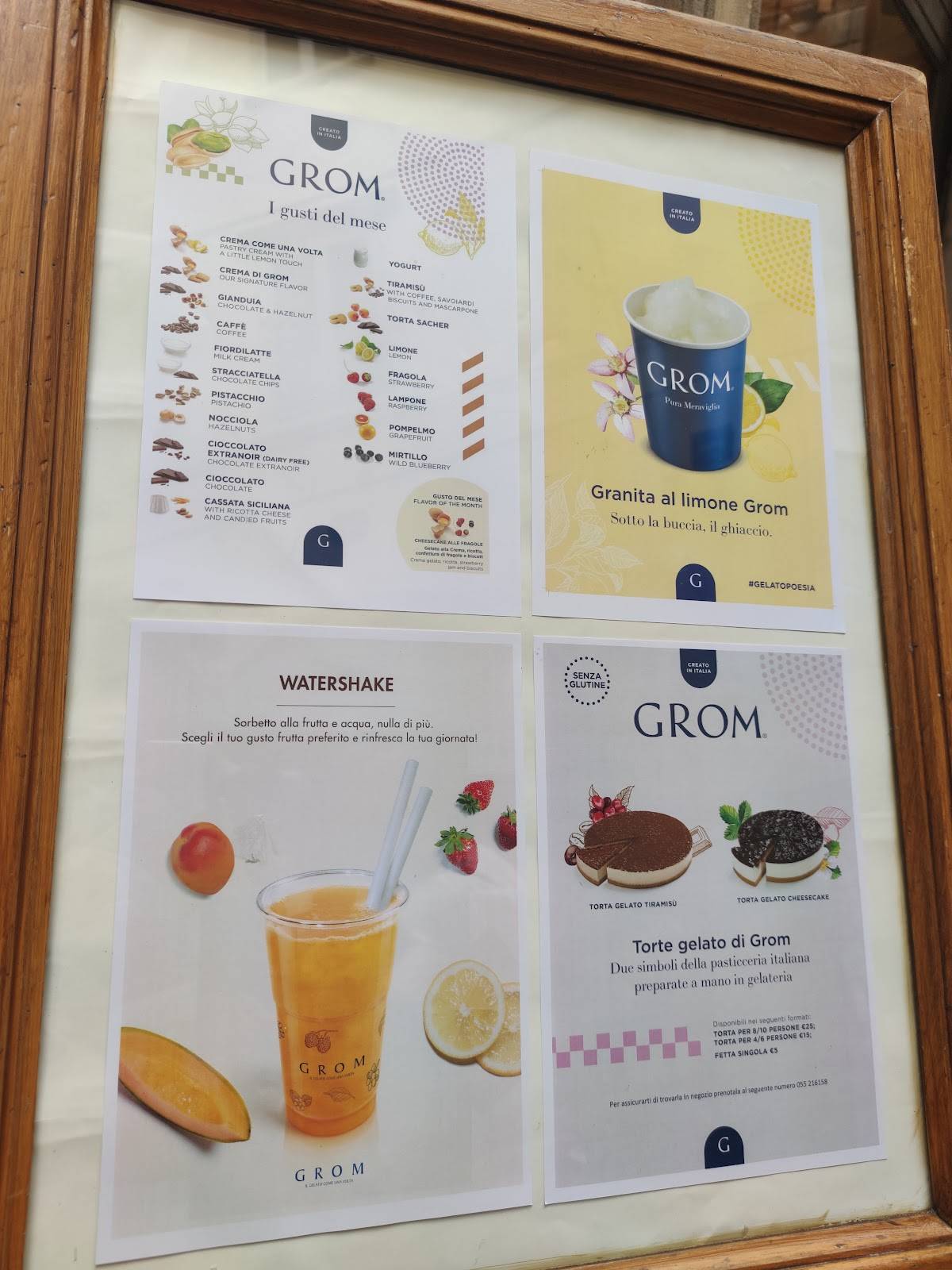 Speisekarte von GROM restaurant, Florenz, Via del Campanile