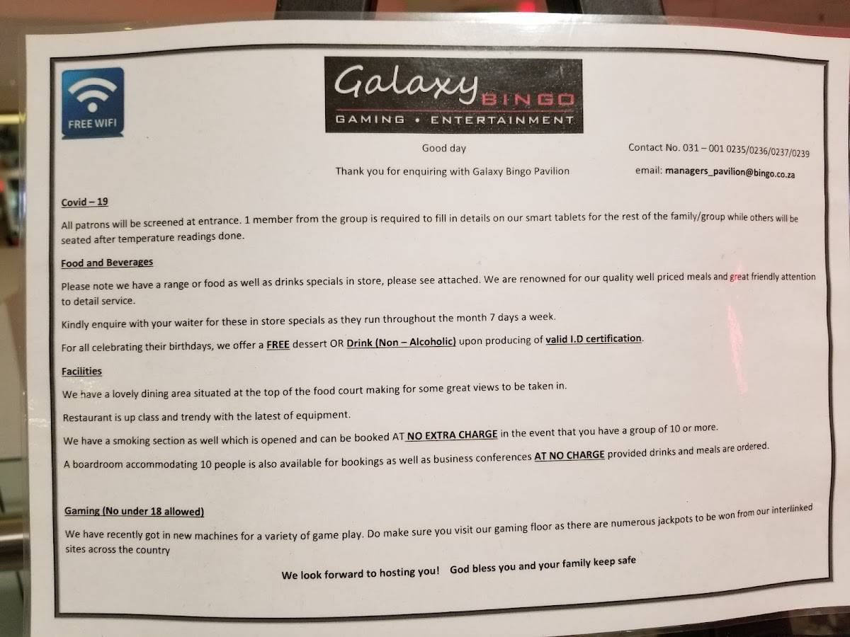 Menu at Galaxy Grill restaurant, Durban, Pavilion
