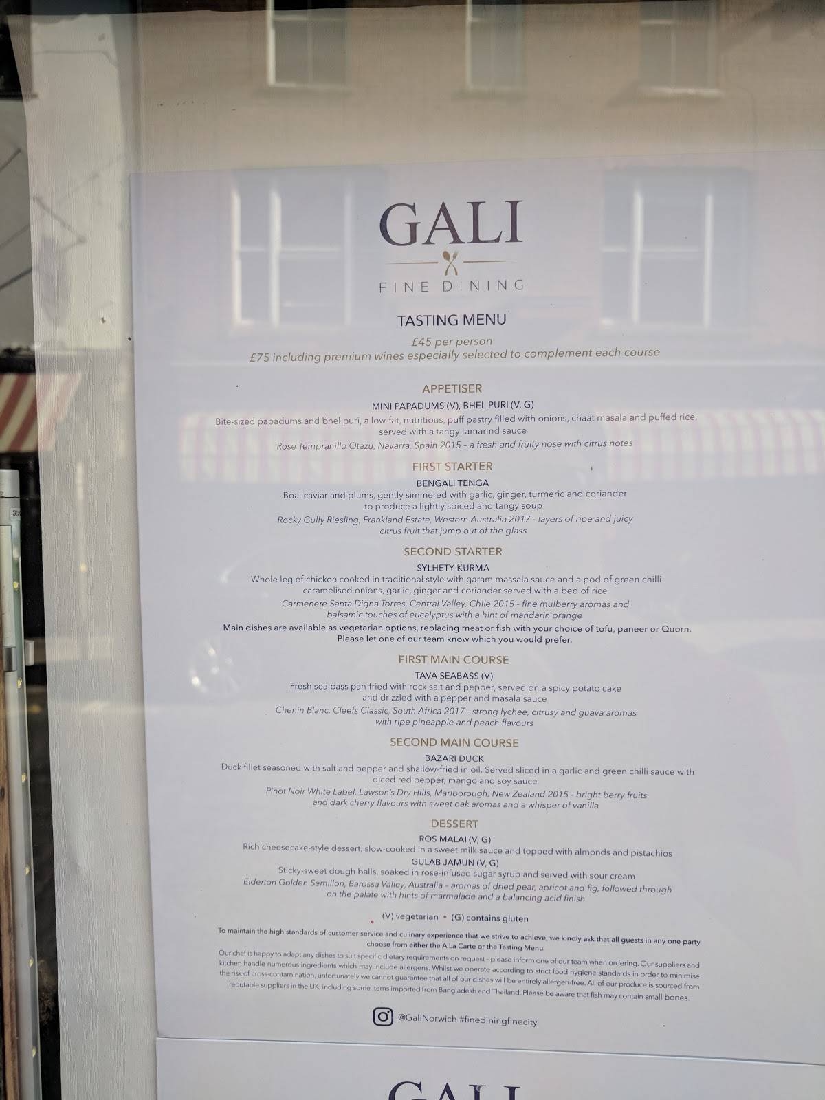 Carta del restaurante Gali indian dining, Norwich