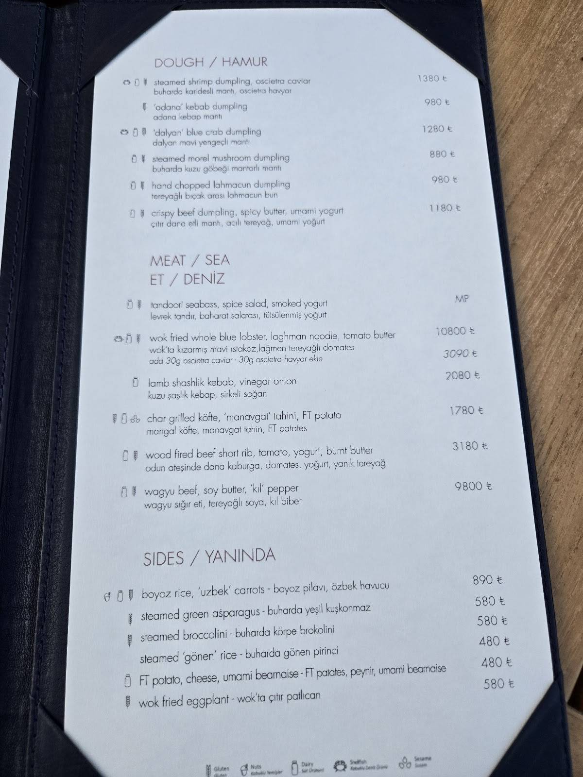 Menu at Gallada restaurant, Istanbul