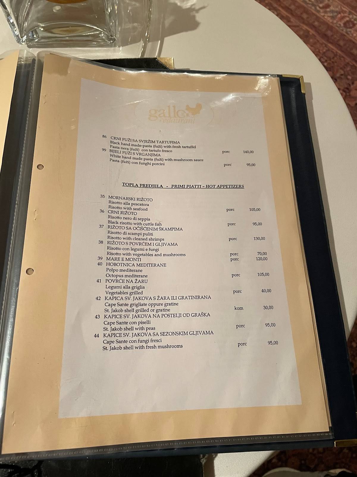 Menu at Gallo restaurant, Zagreb