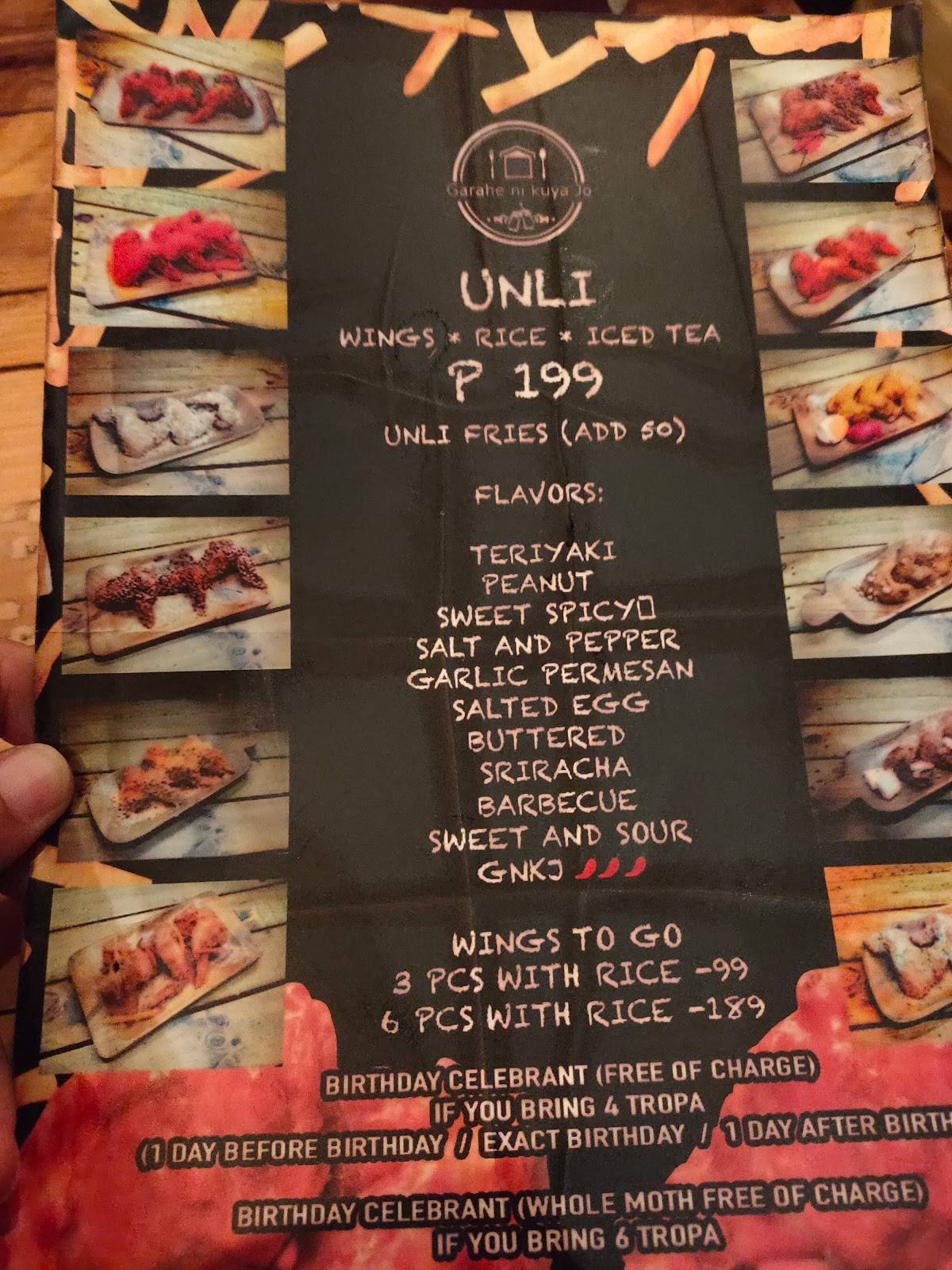Menu at Garahe Ni Kuya JO restaurant, Quezon City