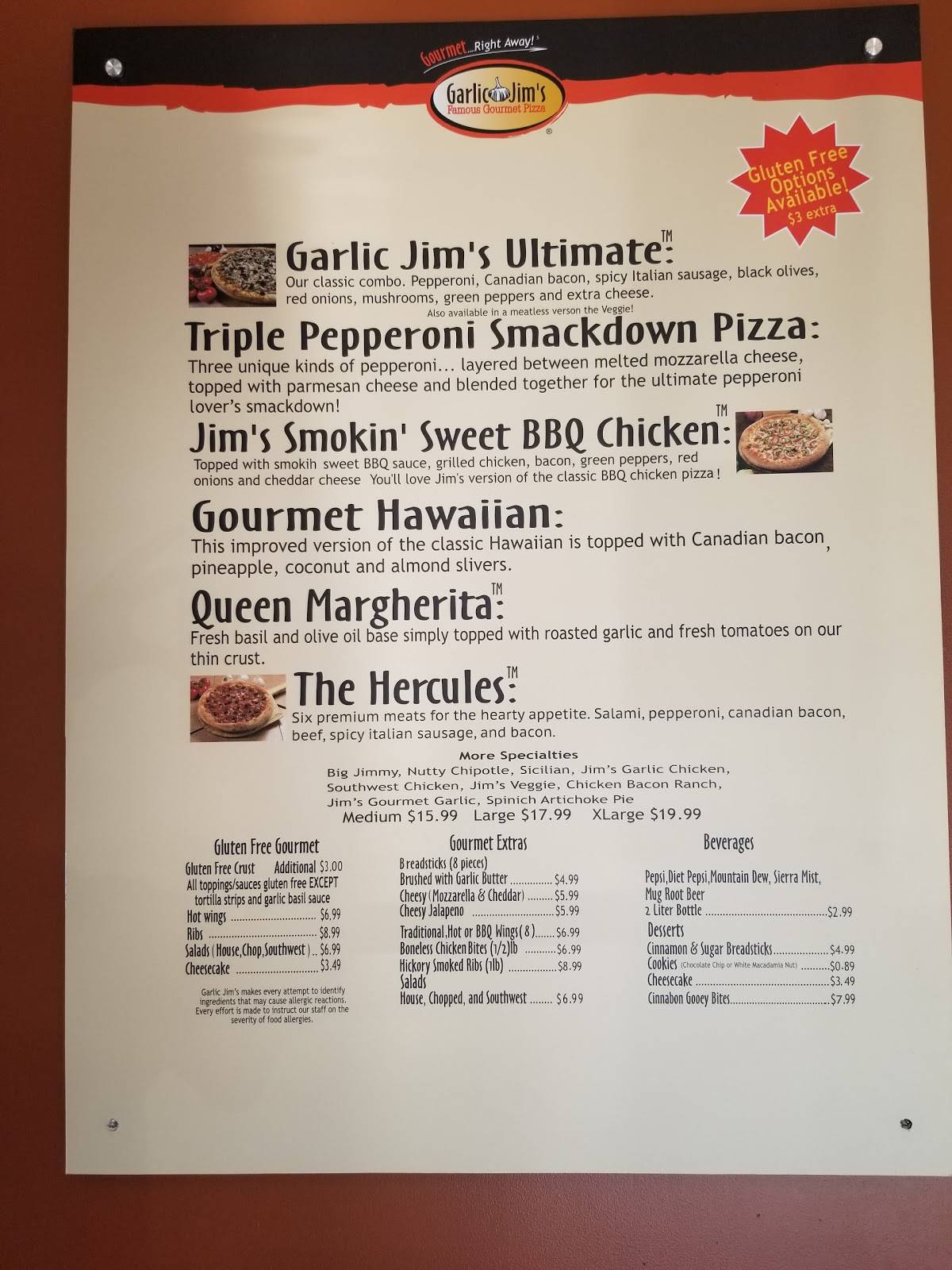 Menu at Garlic Jim's Famous Gourmet Pizza pizzeria, San Antonio