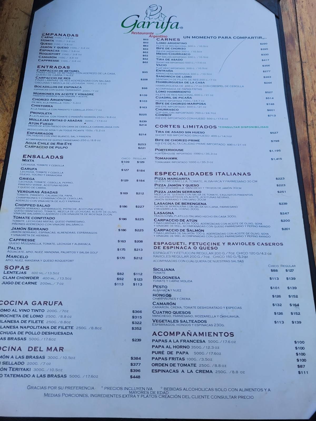 Carta de Garufa Restaurante Argentino, Ajijic