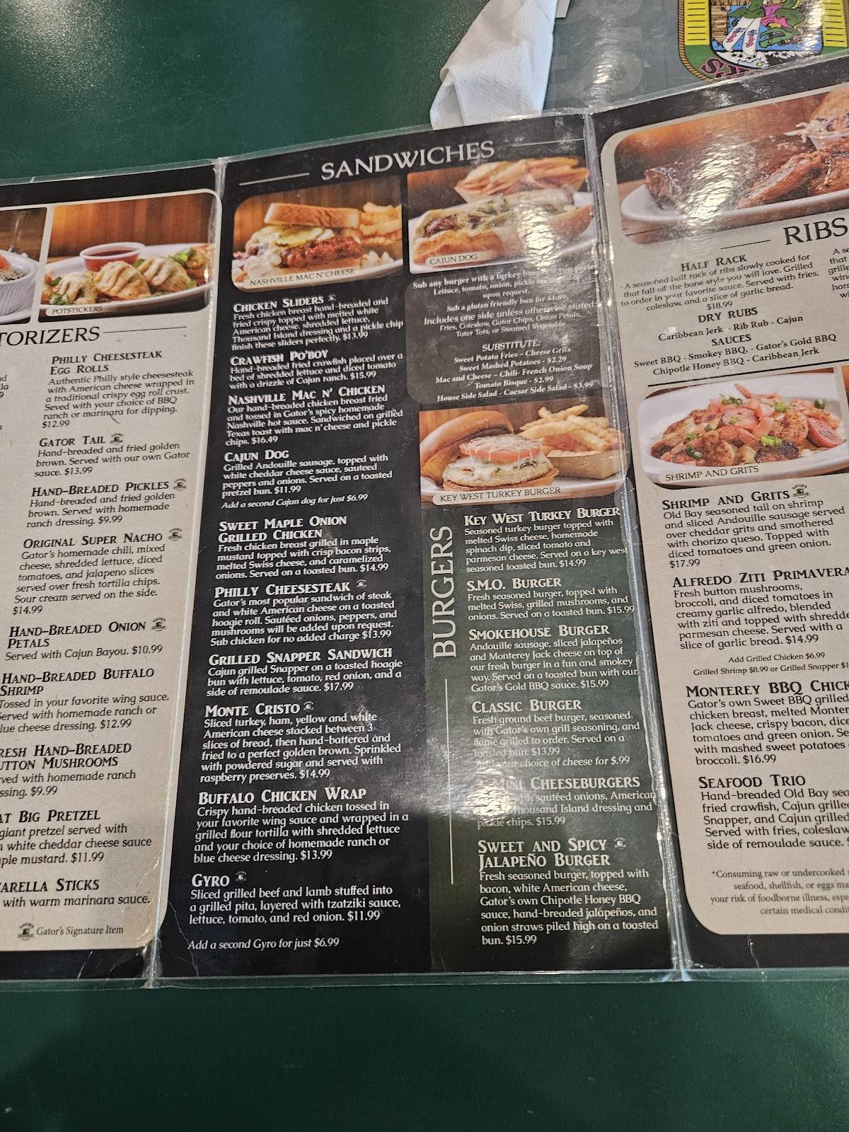 Menu at Gator's Dockside Oakleaf restaurant, Jacksonville, Merchants Way