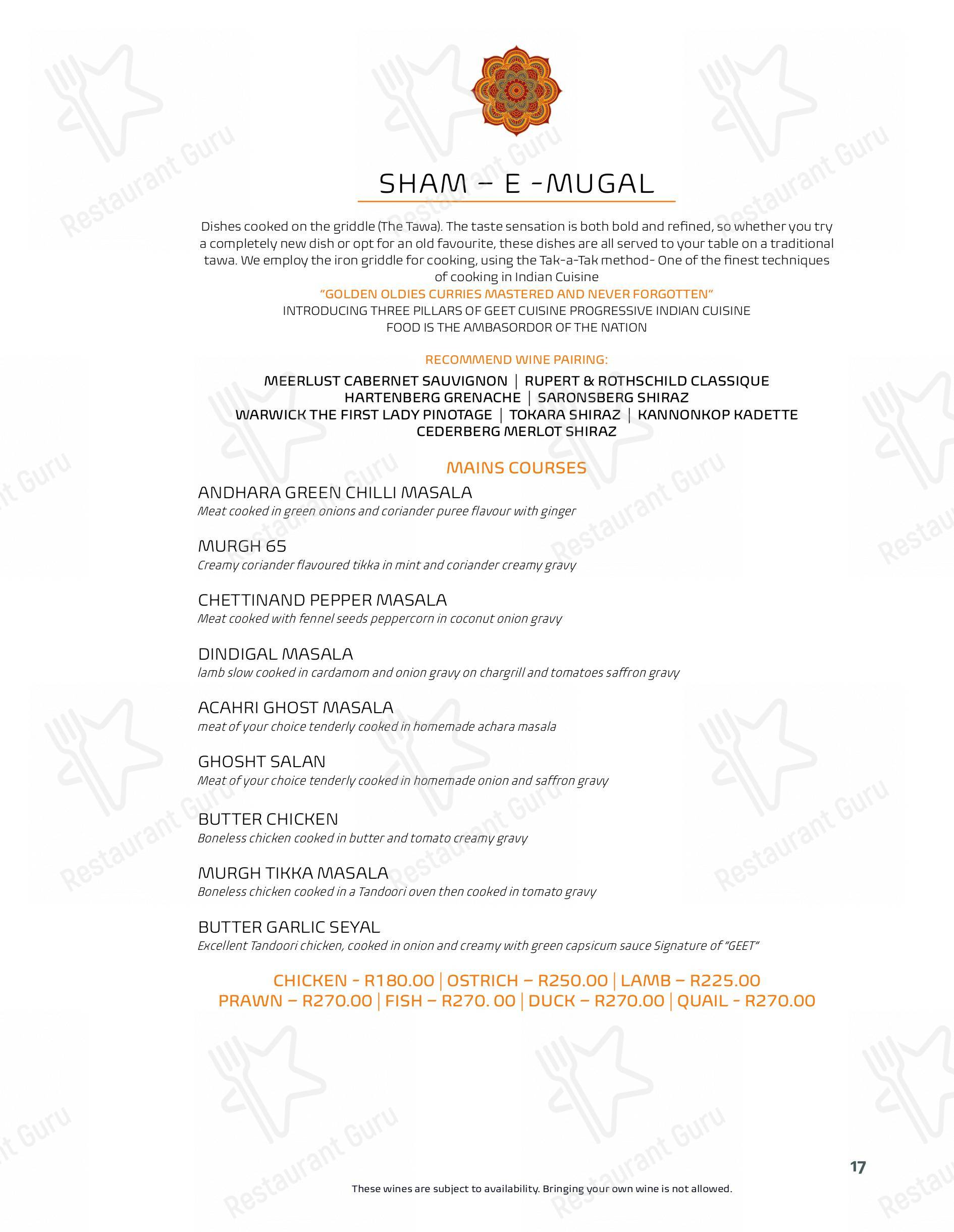 Menu at Geet Indian Restaurant, Pretoria