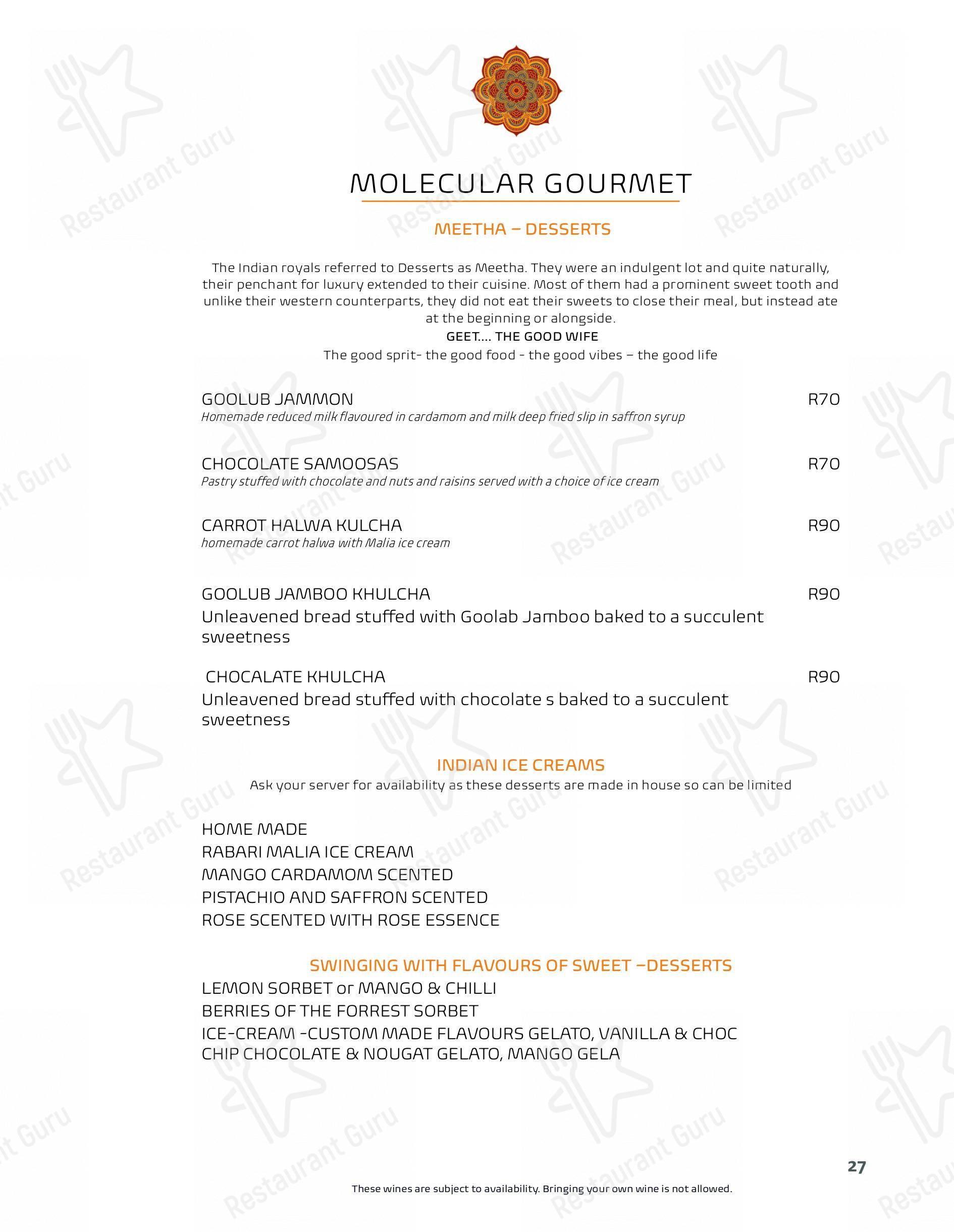 Menu at Geet Indian Restaurant, Pretoria