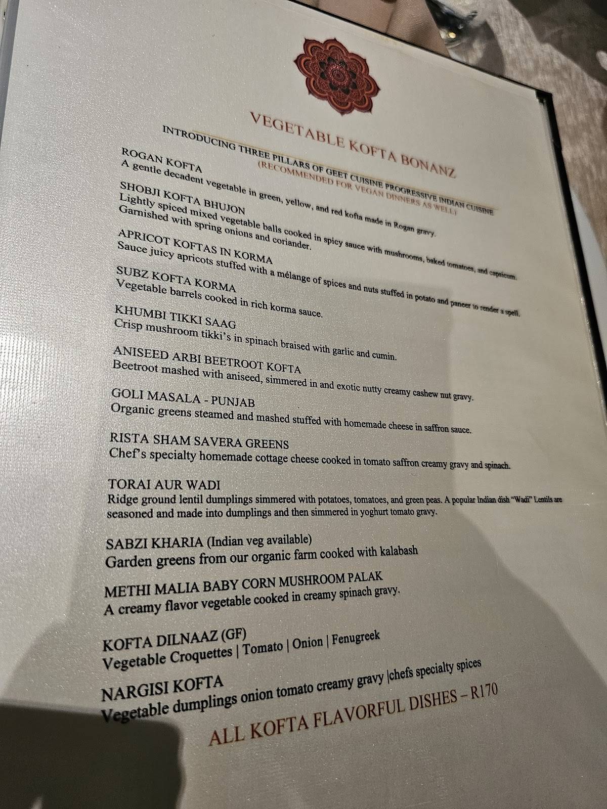 Menu at Geet Indian Restaurant, Pretoria