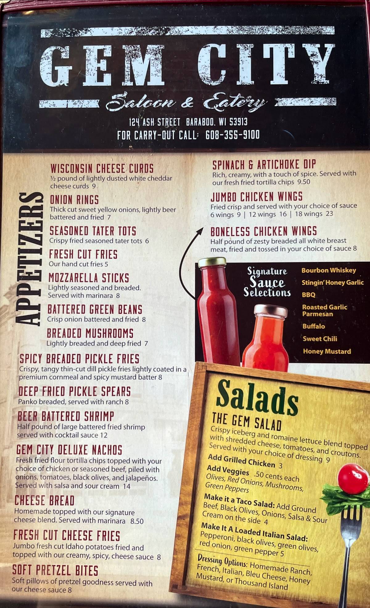 Menu at Gem City Saloon & Eatery pizzeria, Baraboo