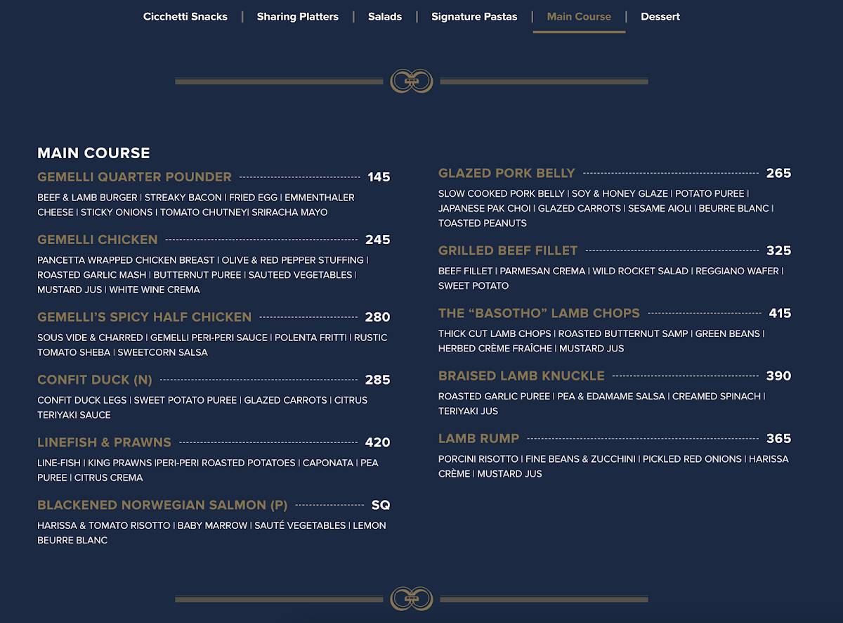 Menu at Gemelli restaurant, Sandton
