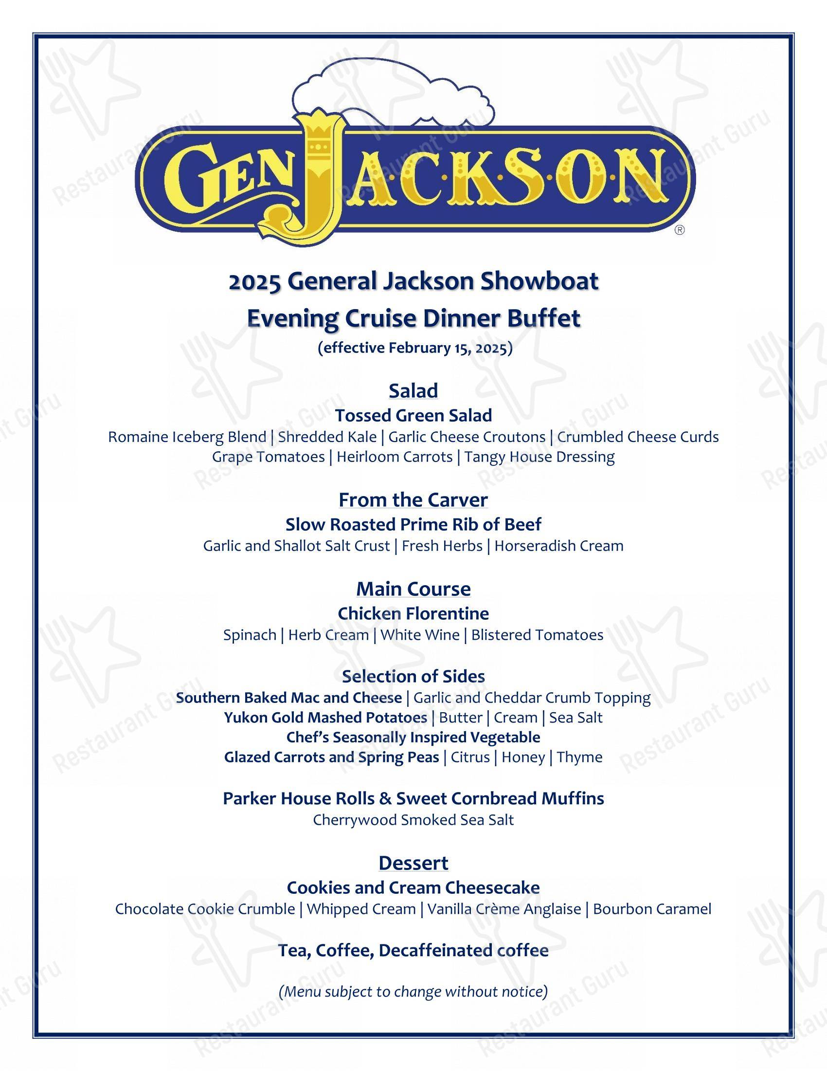 Menu at General Jackson Showboat restaurant, Nashville