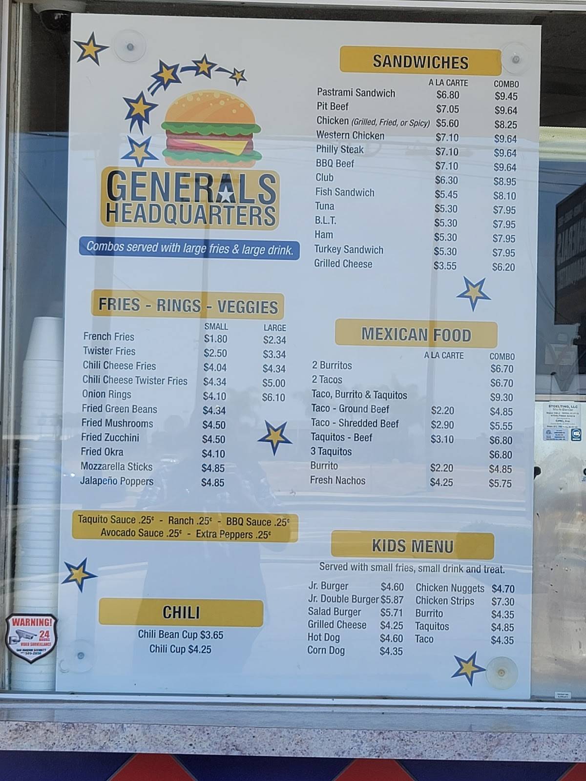Menu at Generals Headquarters restaurant, Shafter