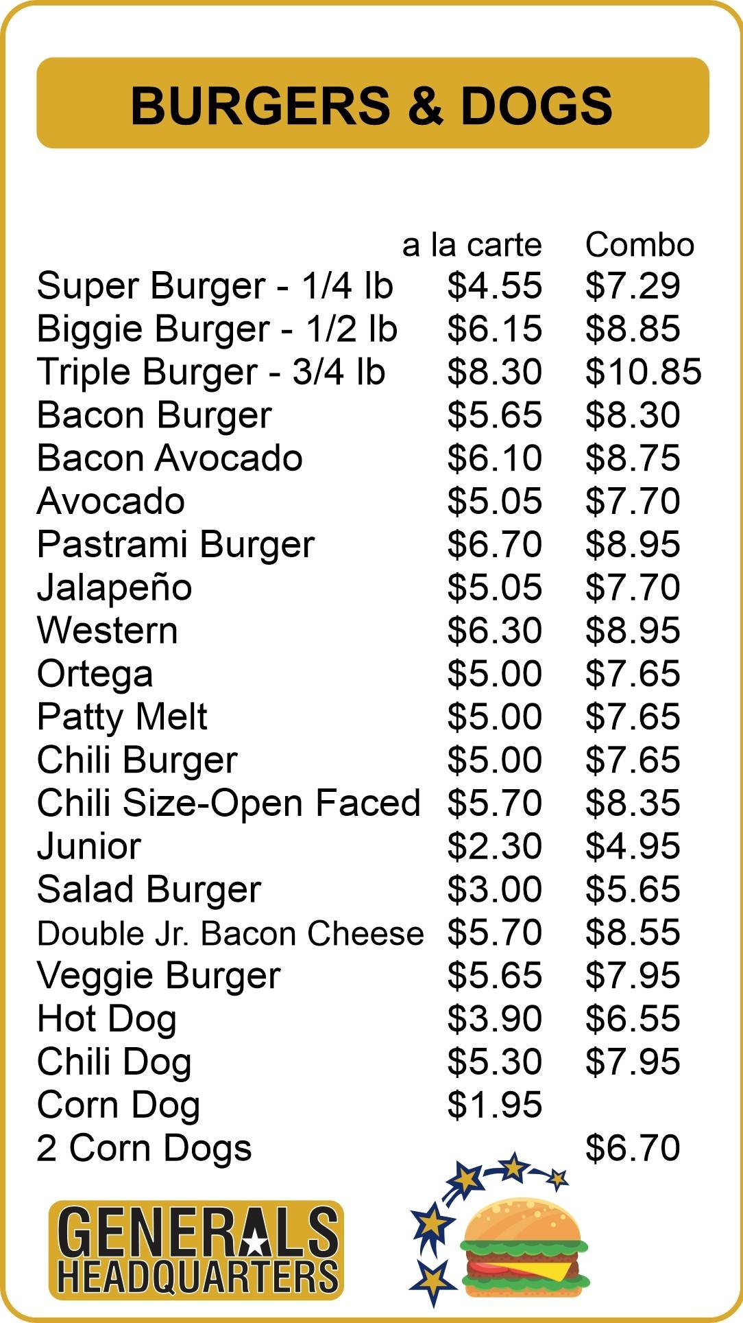 Menu at Generals Headquarters restaurant, Shafter