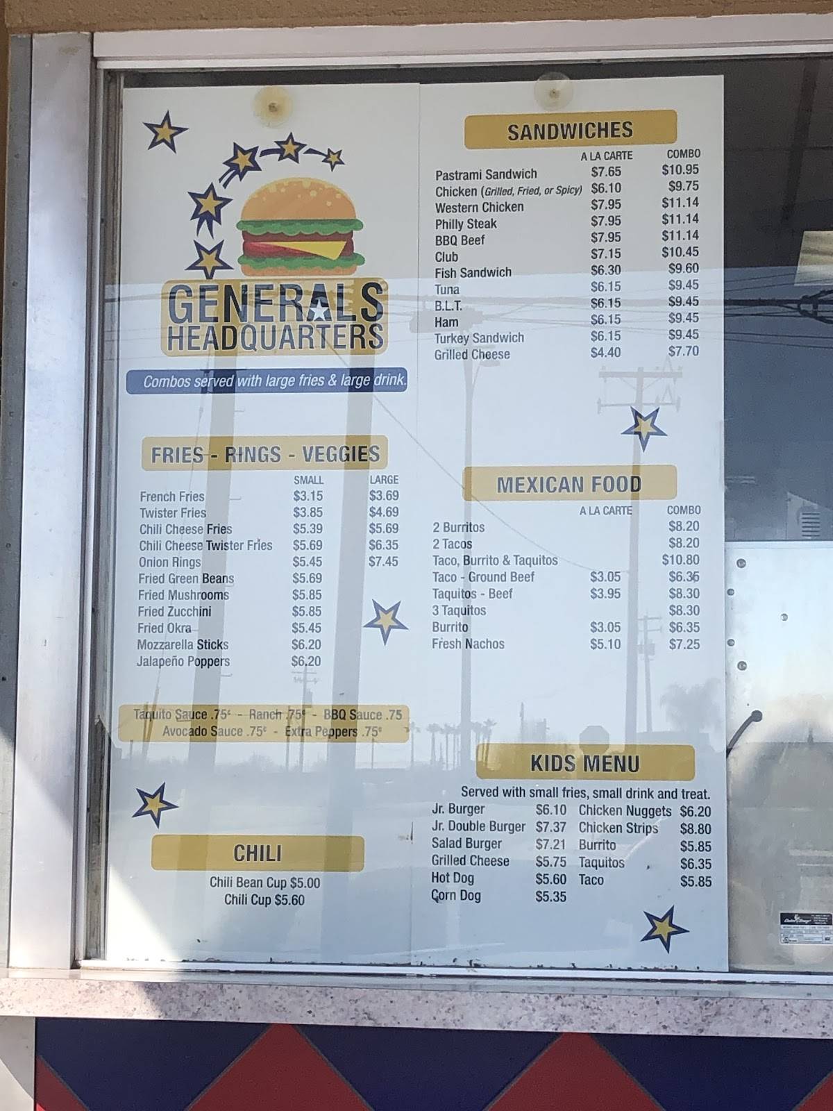 Menu at Generals Headquarters restaurant, Shafter