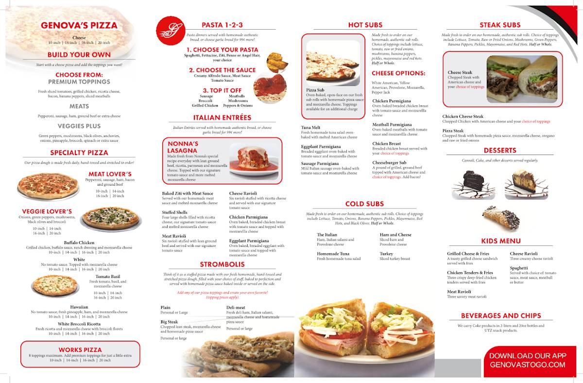 Menu at Genova's To Go pizzeria, Hampstead