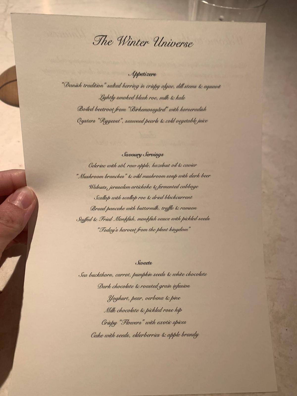 Menu at Geranium restaurant, Copenhagen