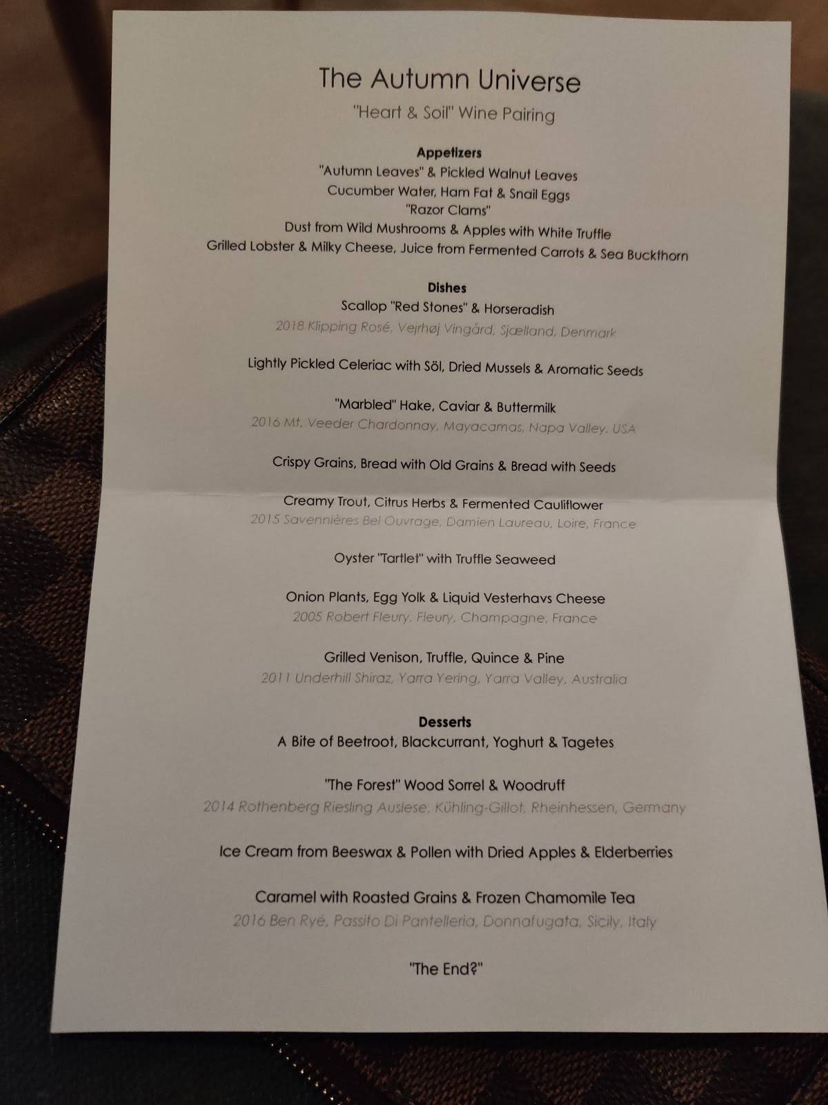 Menu at Geranium restaurant, Copenhagen