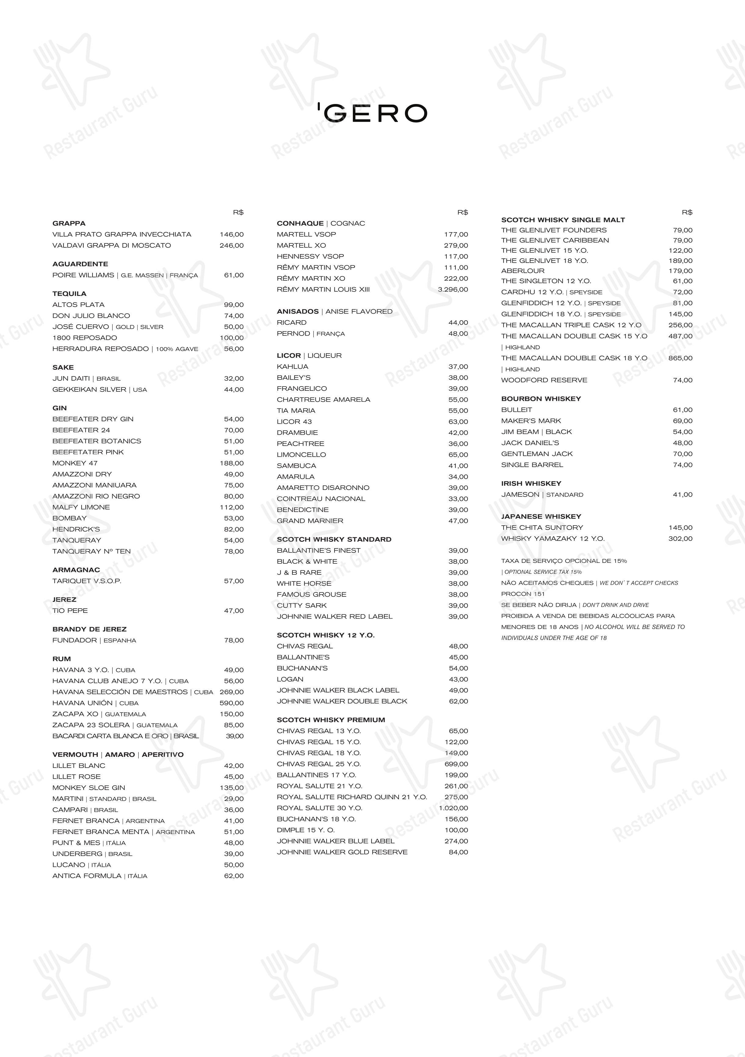 Menu em Gero restaurante, São Paulo, Rua Haddock Lobo