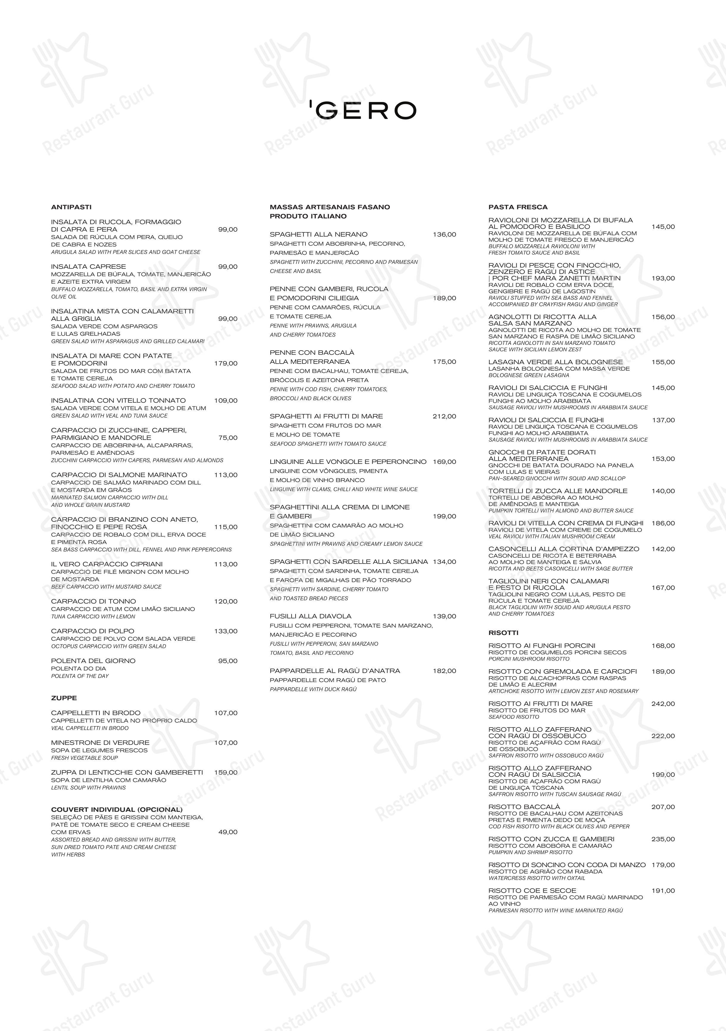 Menu em Gero restaurante, São Paulo, Rua Haddock Lobo