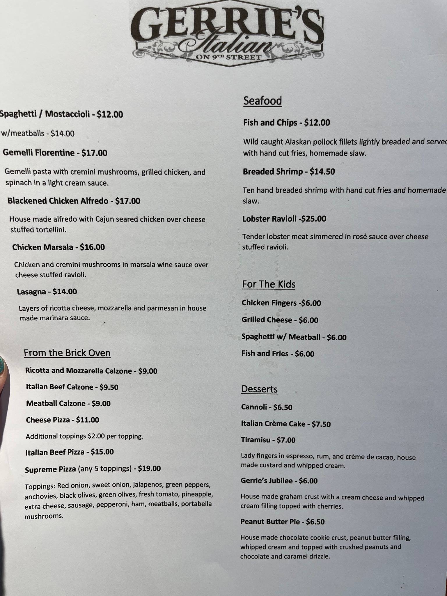 Menu at Gerrie's restaurant, Clinton