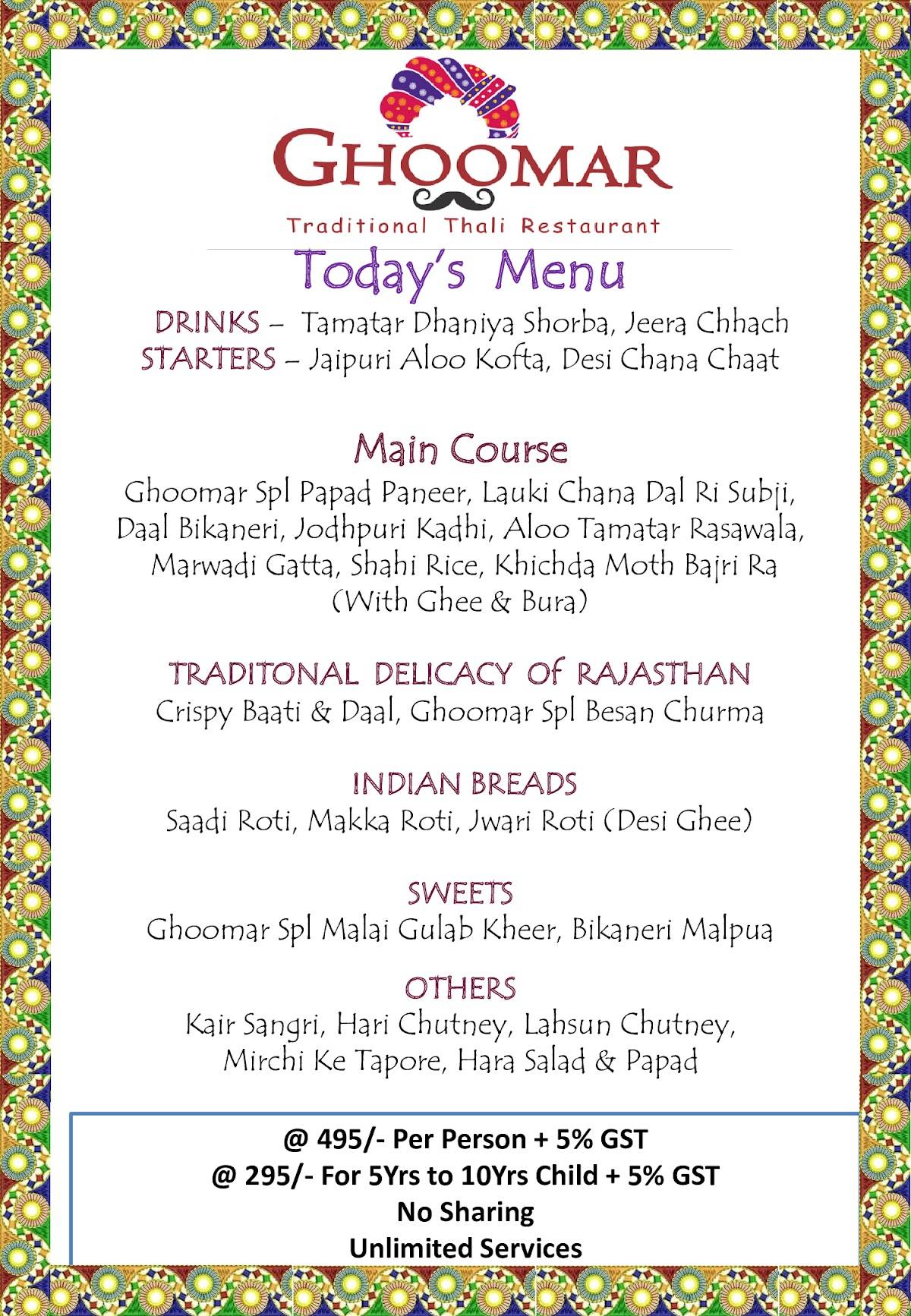 Menu at Ghoomar Traditional Thali Restaurants - Connaught Place, New ...