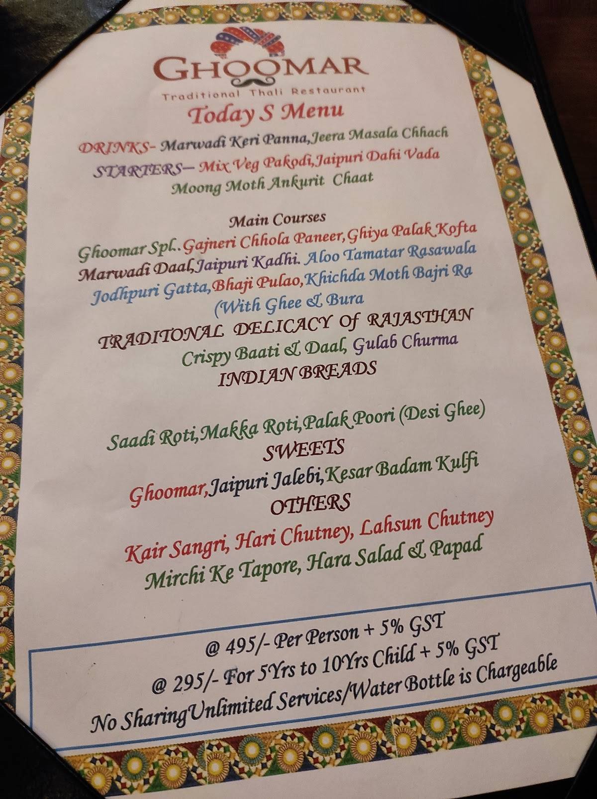 Menu at Ghoomar Traditional Thali Restaurants - Connaught Place, New ...