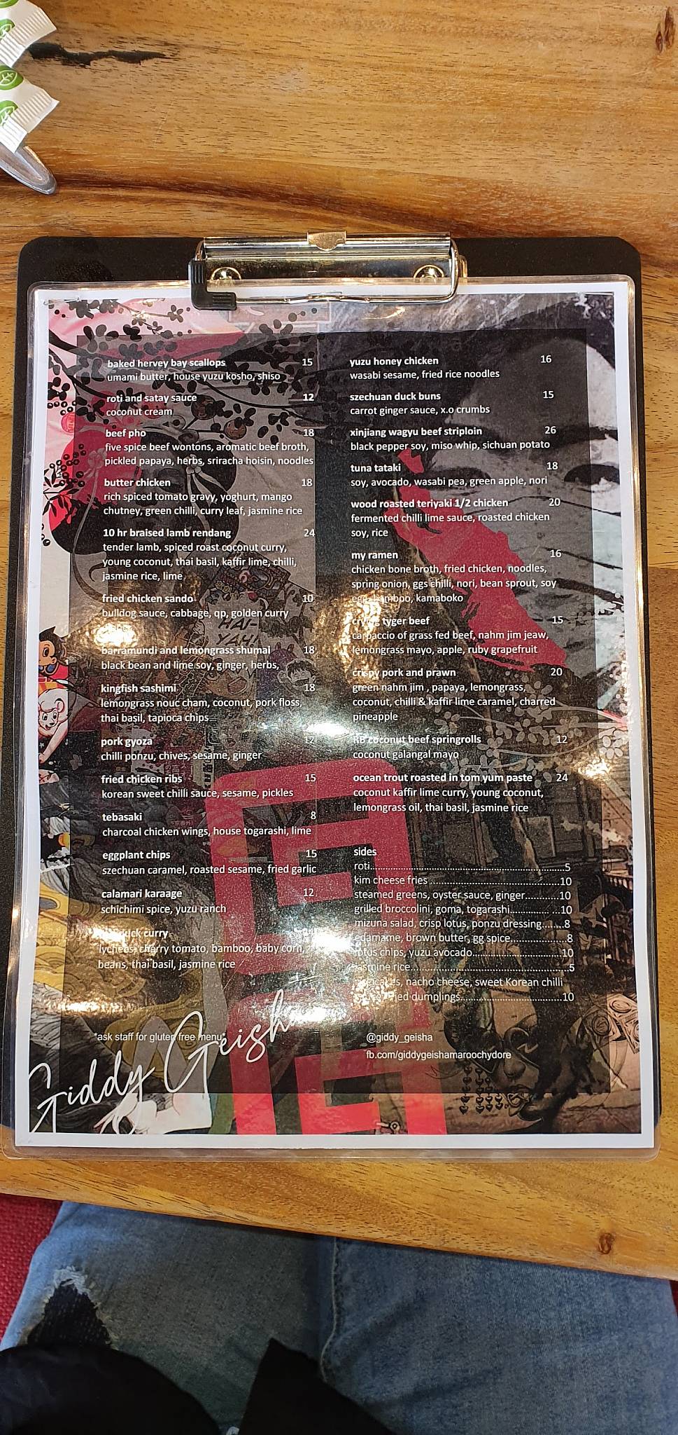 Menu at Giddy Geisha restaurant, Maroochydore
