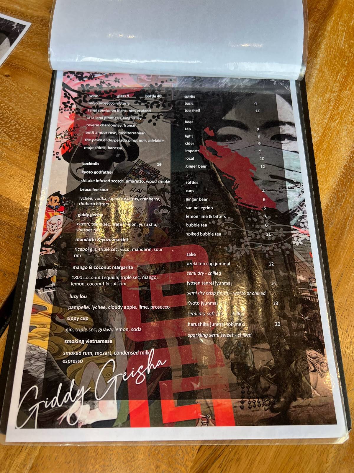 Menu at Giddy Geisha restaurant, Maroochydore