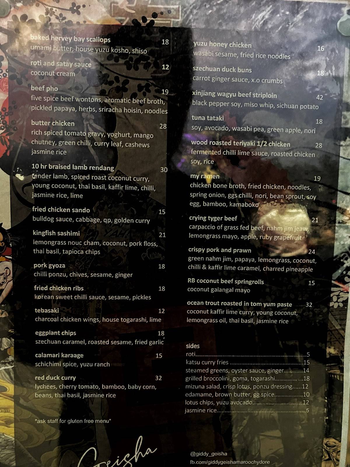 Menu at Giddy Geisha restaurant, Maroochydore