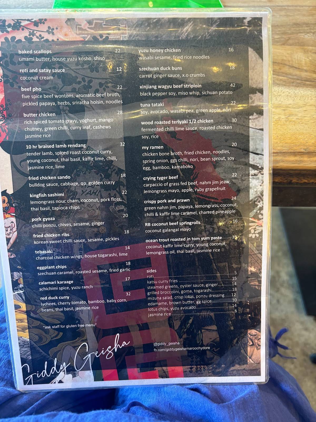 Menu at Giddy Geisha restaurant, Maroochydore