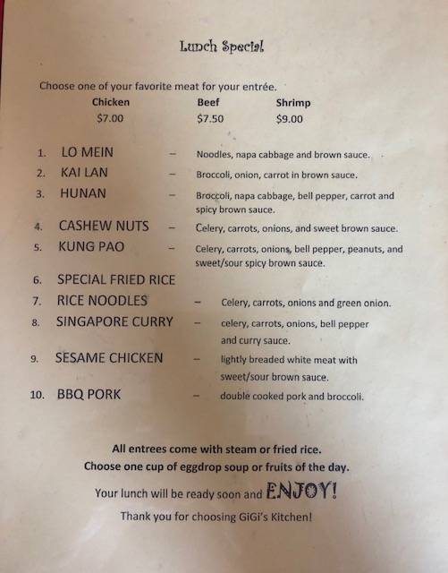 Menu at Gigi's Chinese Cuisine restaurant, Tulsa