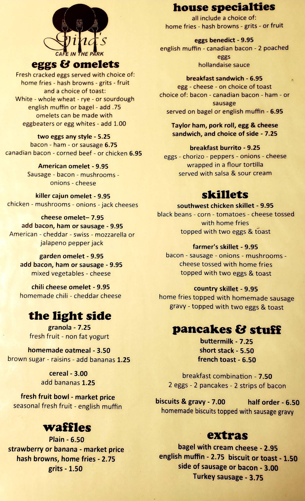 Menu at Gina's Cafe In the Park, Naples