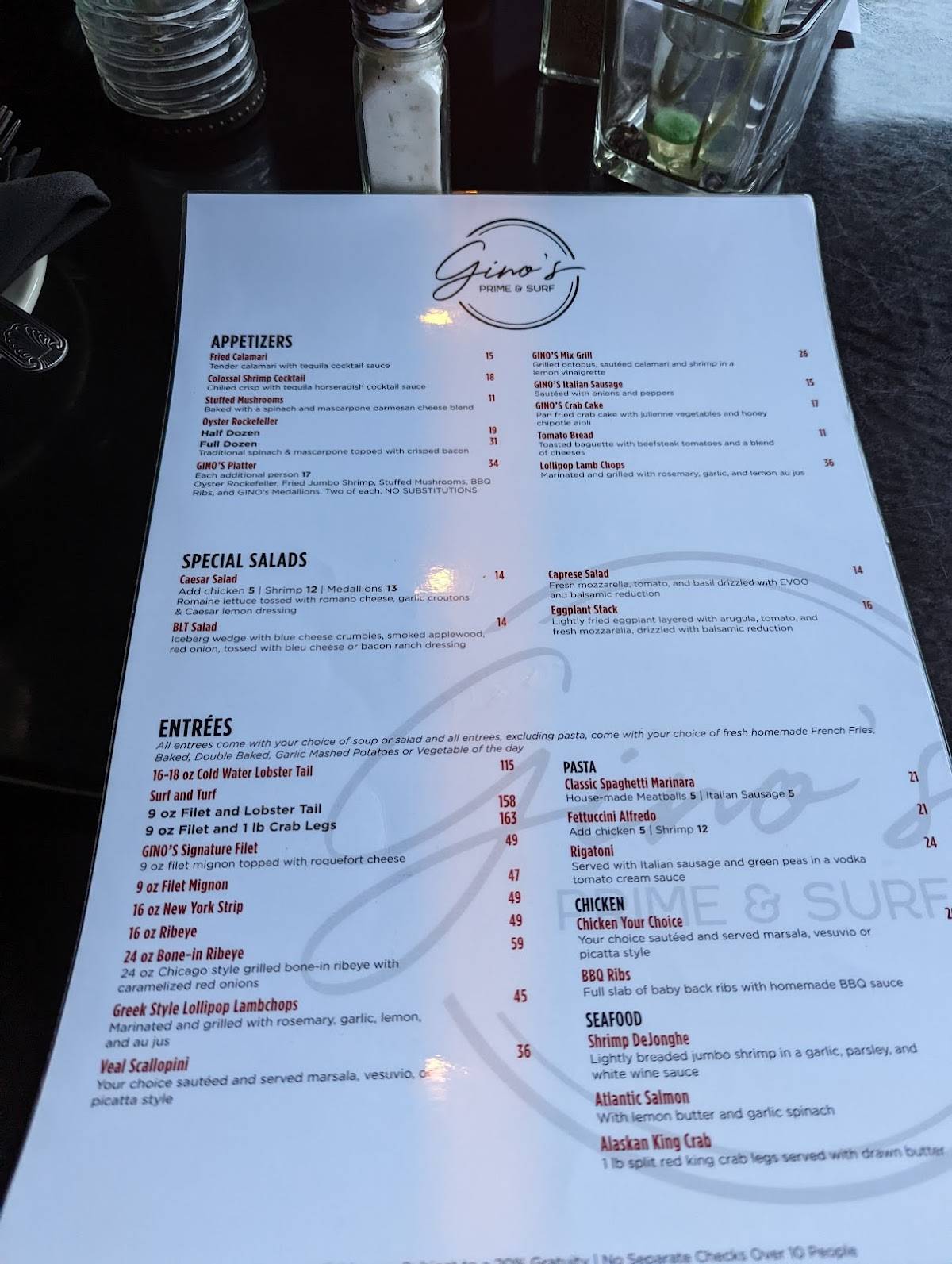 Menu at Gino's Prime & Surf steakhouse, Dyer