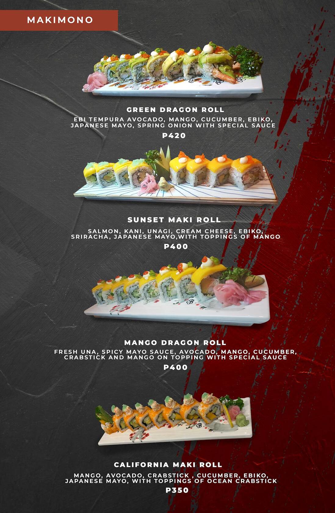 Menu at Ginza Sushi restaurant, Parañaque