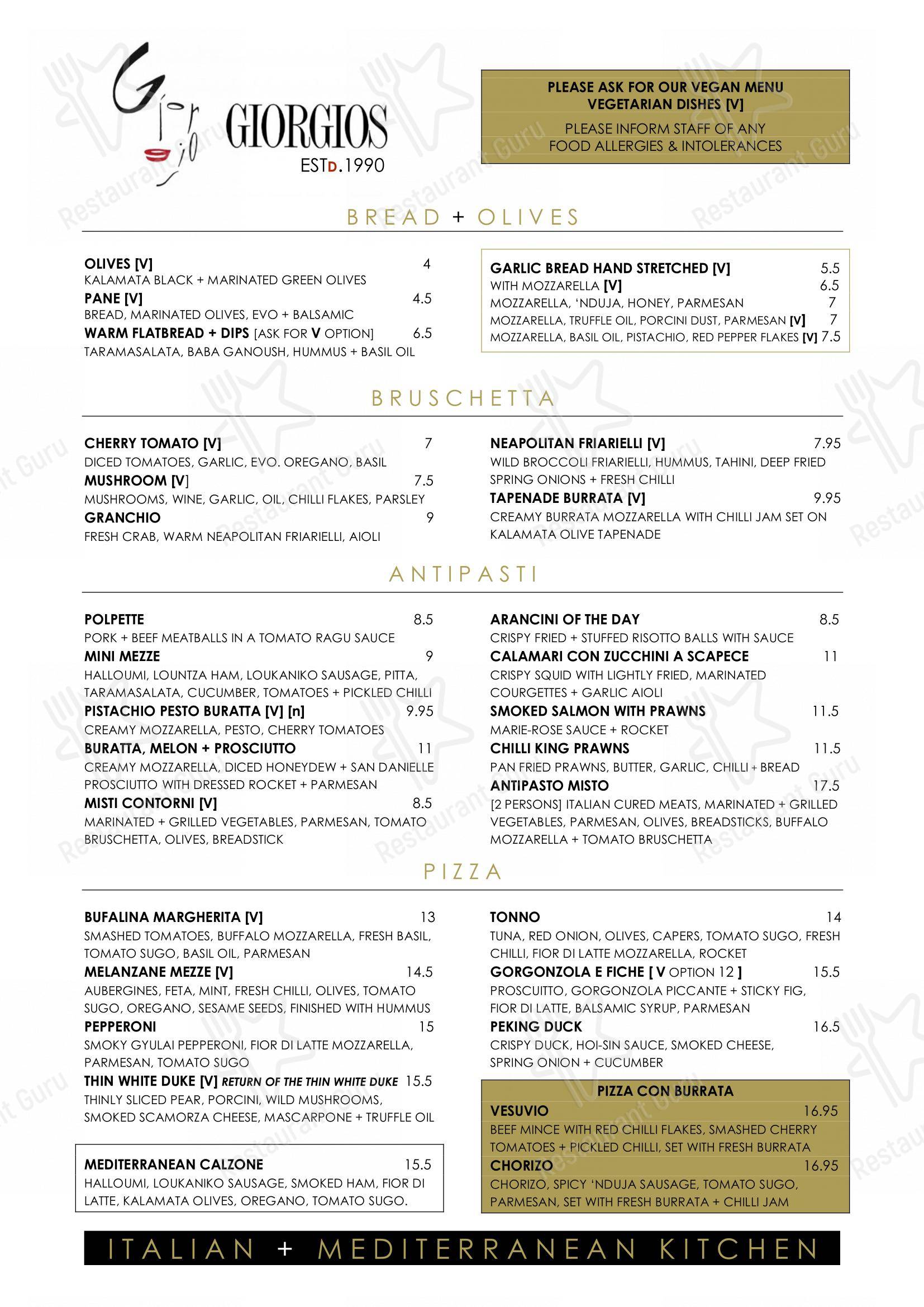 Menu at Giorgios restaurant, Margate