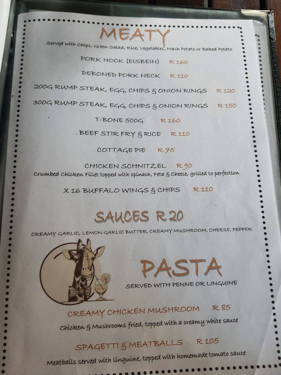 Menu at Giraffe Pub and Grill, Marloth Park