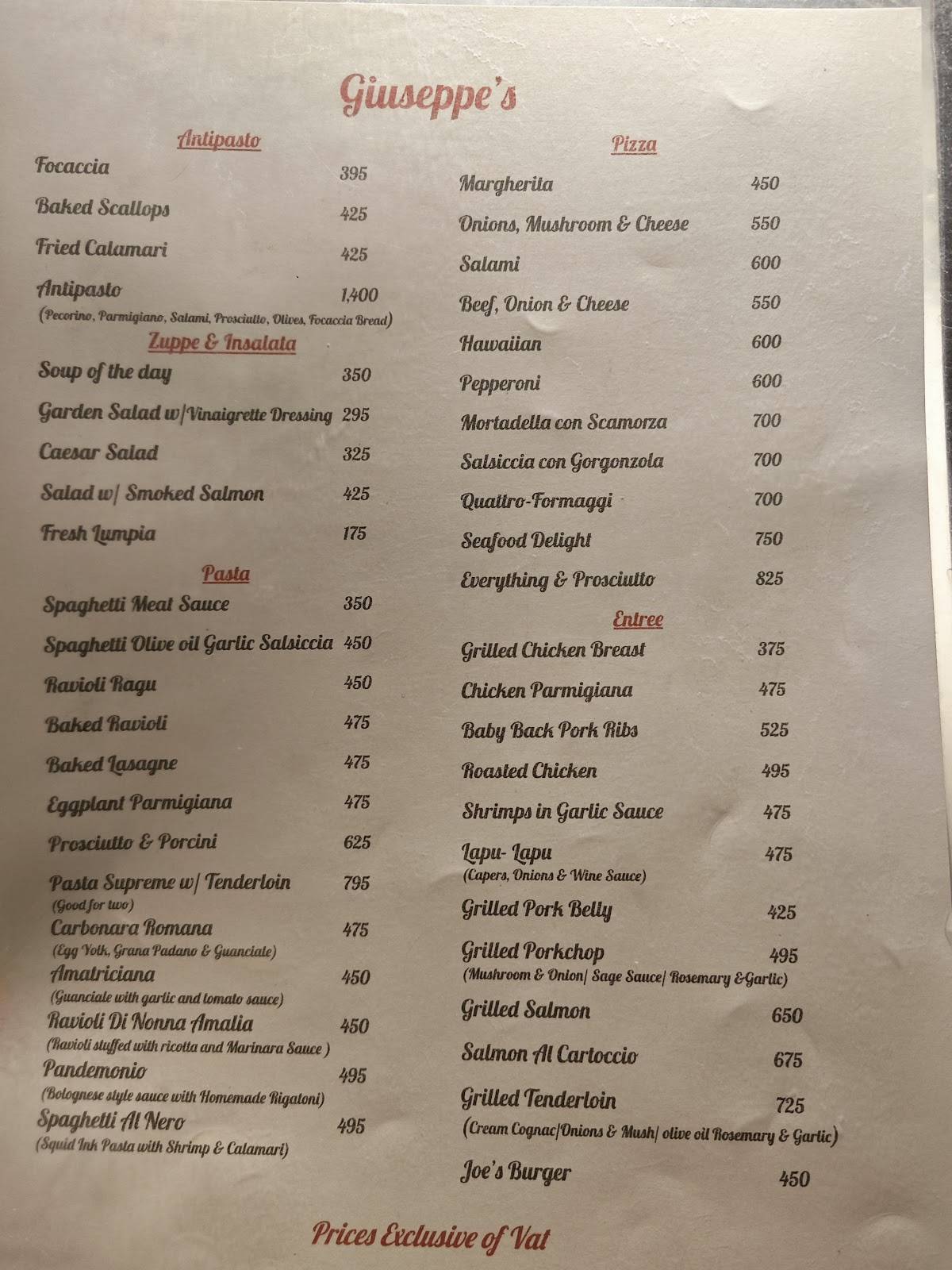 Menu at Giuseppe’s restaurant, Tacloban City