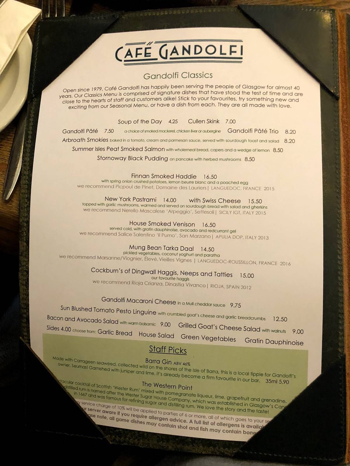Menu at Gandolfi restaurant, Glasgow, 64 Albion Street