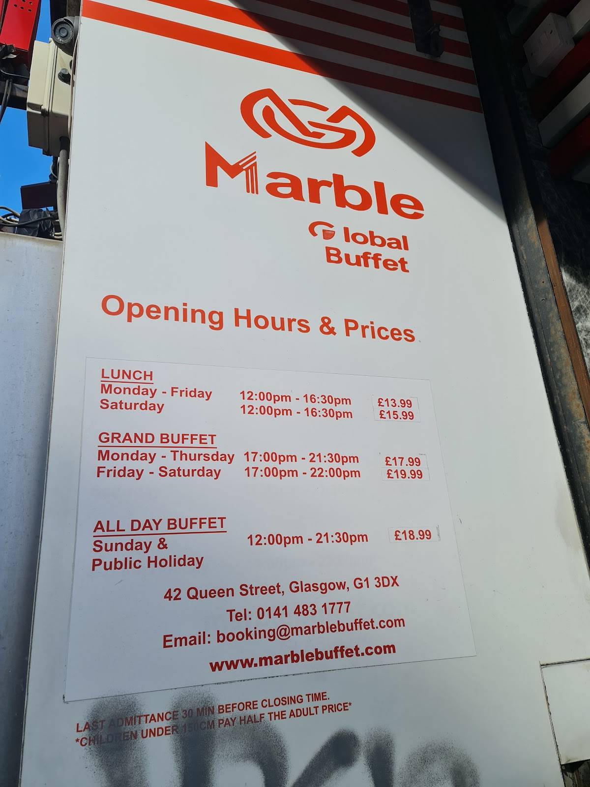 Menu at Marble Global Buffet restaurant, Glasgow