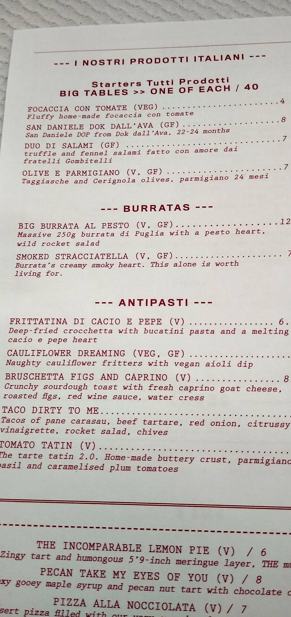 Menu at Gloria restaurant, London, 54-56 Great Eastern St