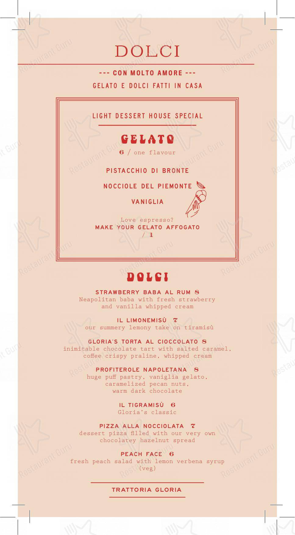Menu at Gloria restaurant, London, 54-56 Great Eastern St