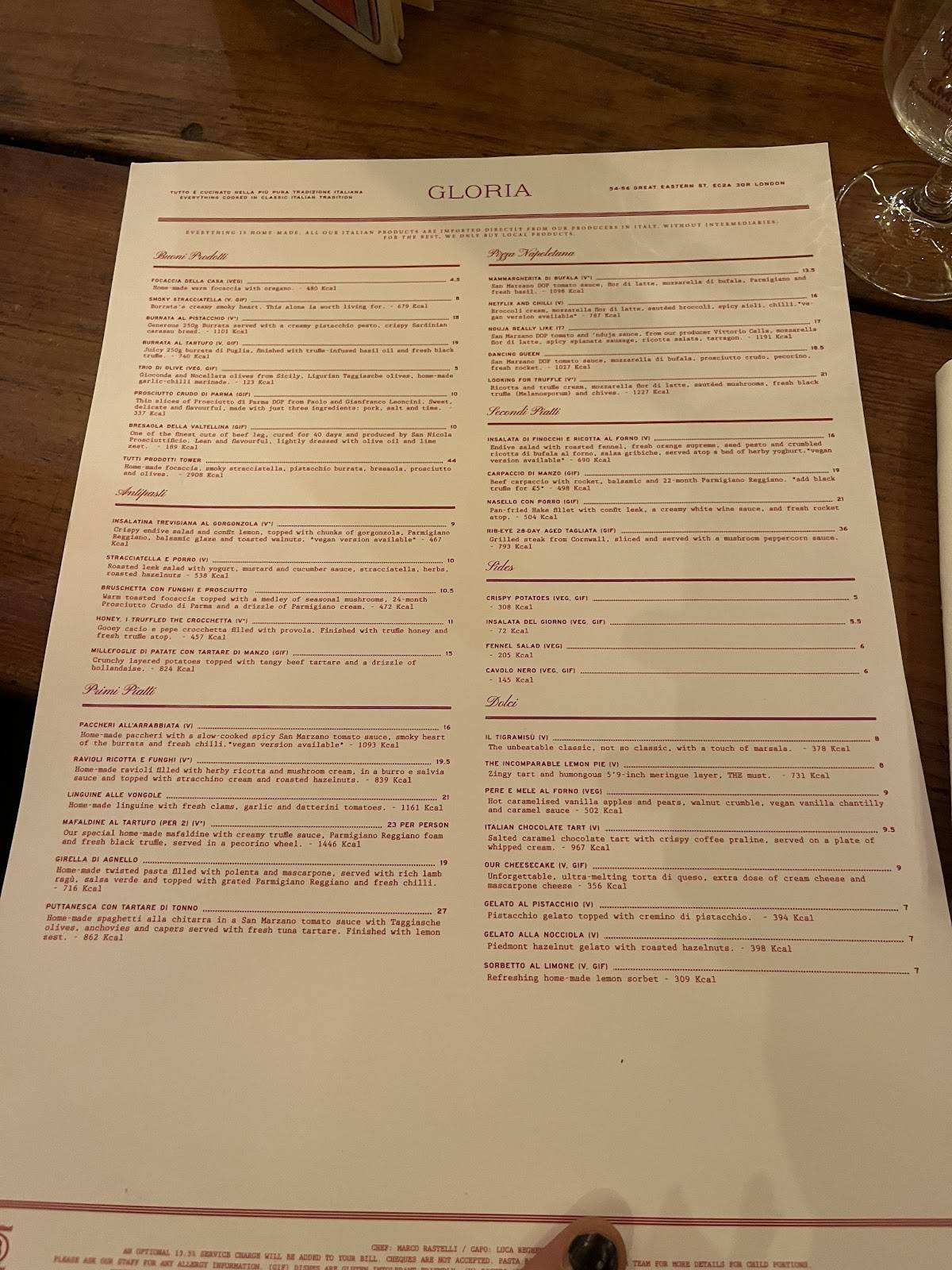 Menu at Gloria restaurant, London, 54-56 Great Eastern St