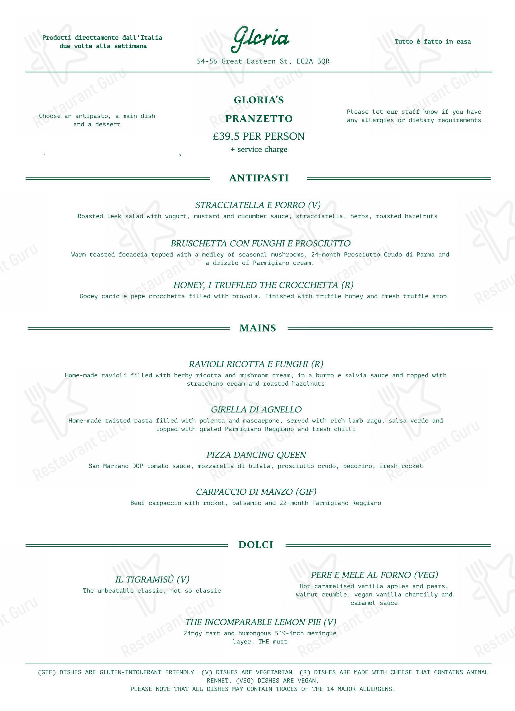 Menu at Gloria restaurant, London, 54-56 Great Eastern St