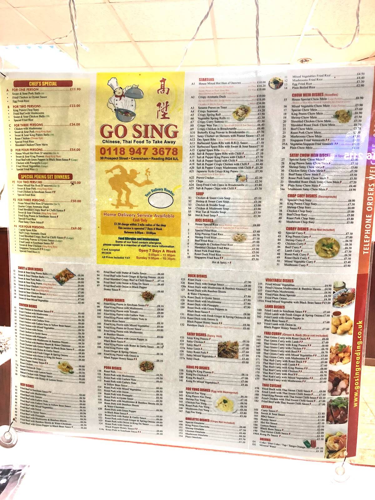 Menu at Go Sing fast food, Reading