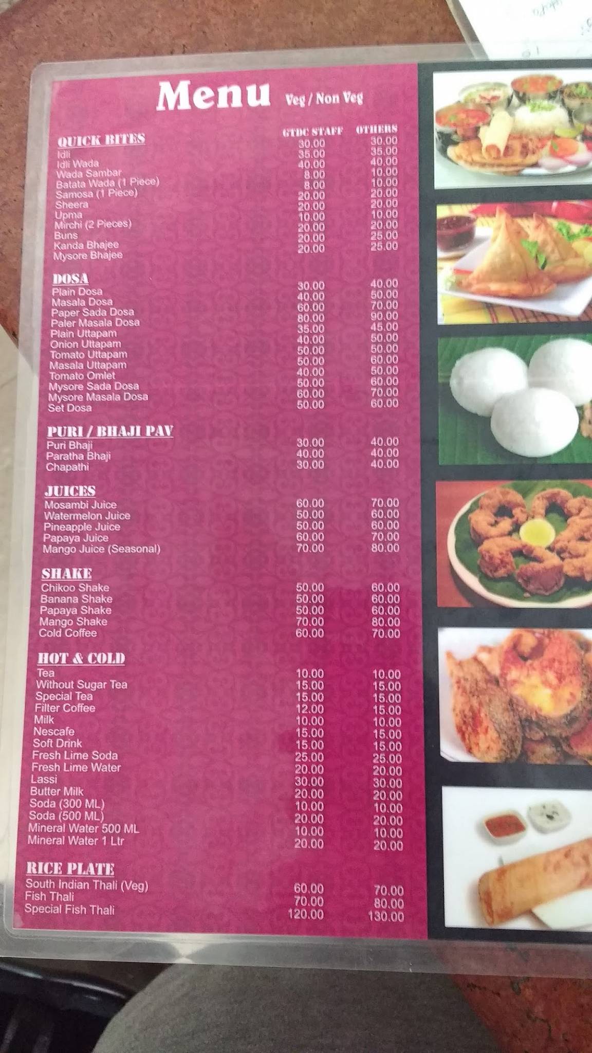 Menu at Goa Tourism Department Canteen, Bambolim