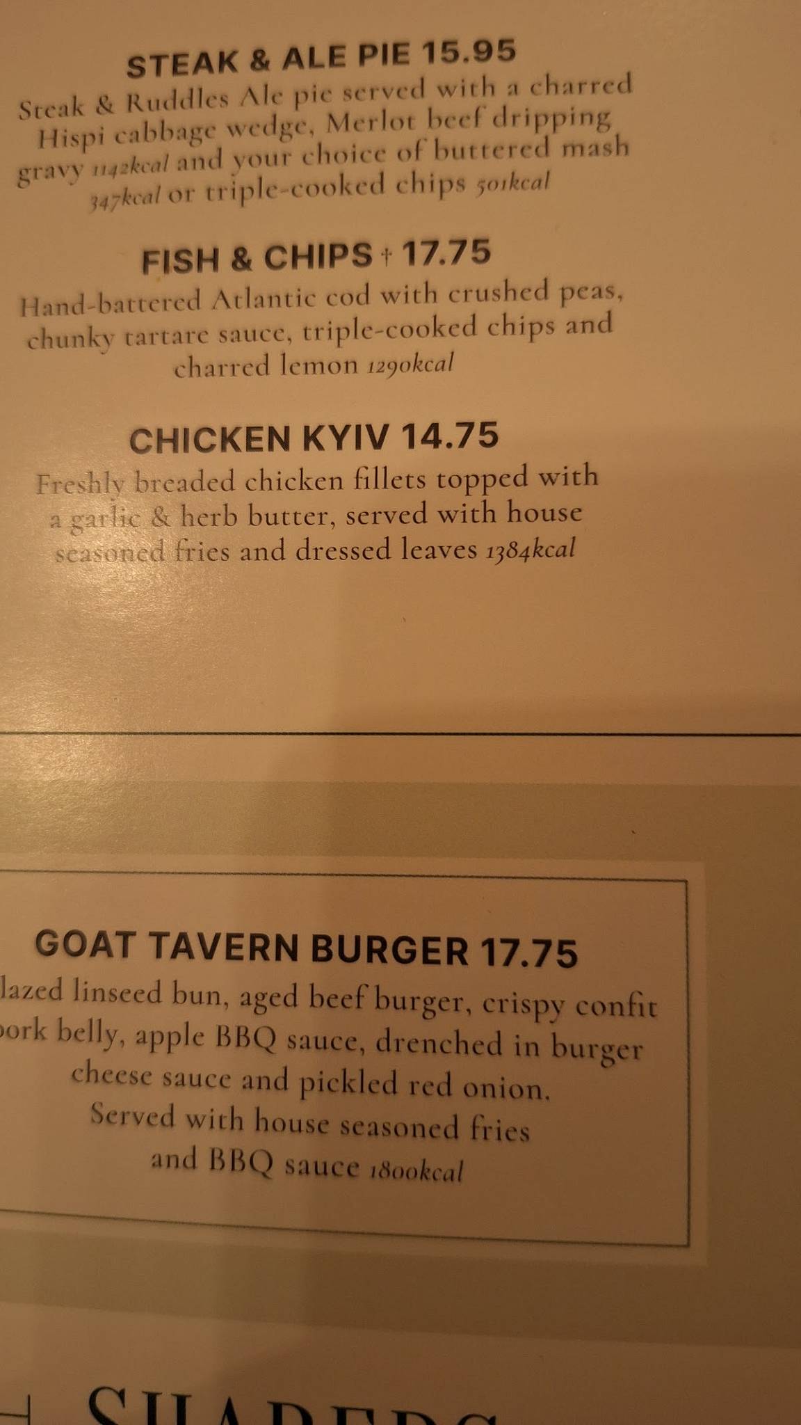 Menu at Goat Tavern Mayfair pub & bar, London, 3 Stafford St