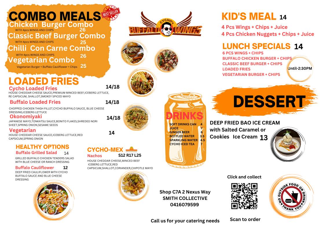 Menu at CYCHO'S BUFFALO WINGS - SMITH COLLECTIVE restaurant, Southport