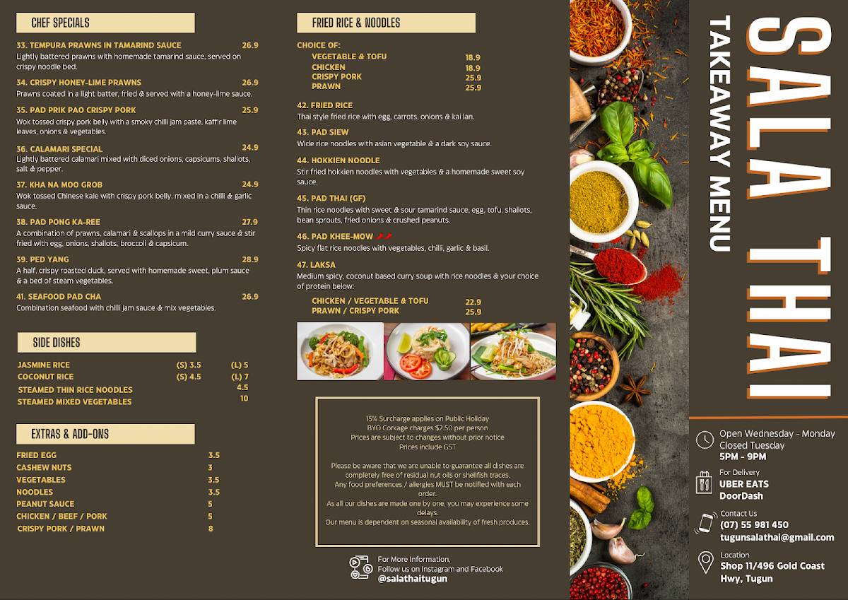 Menu at Sala Thai Restaurant, Tugun, 11/496 Gold Coast Hwy