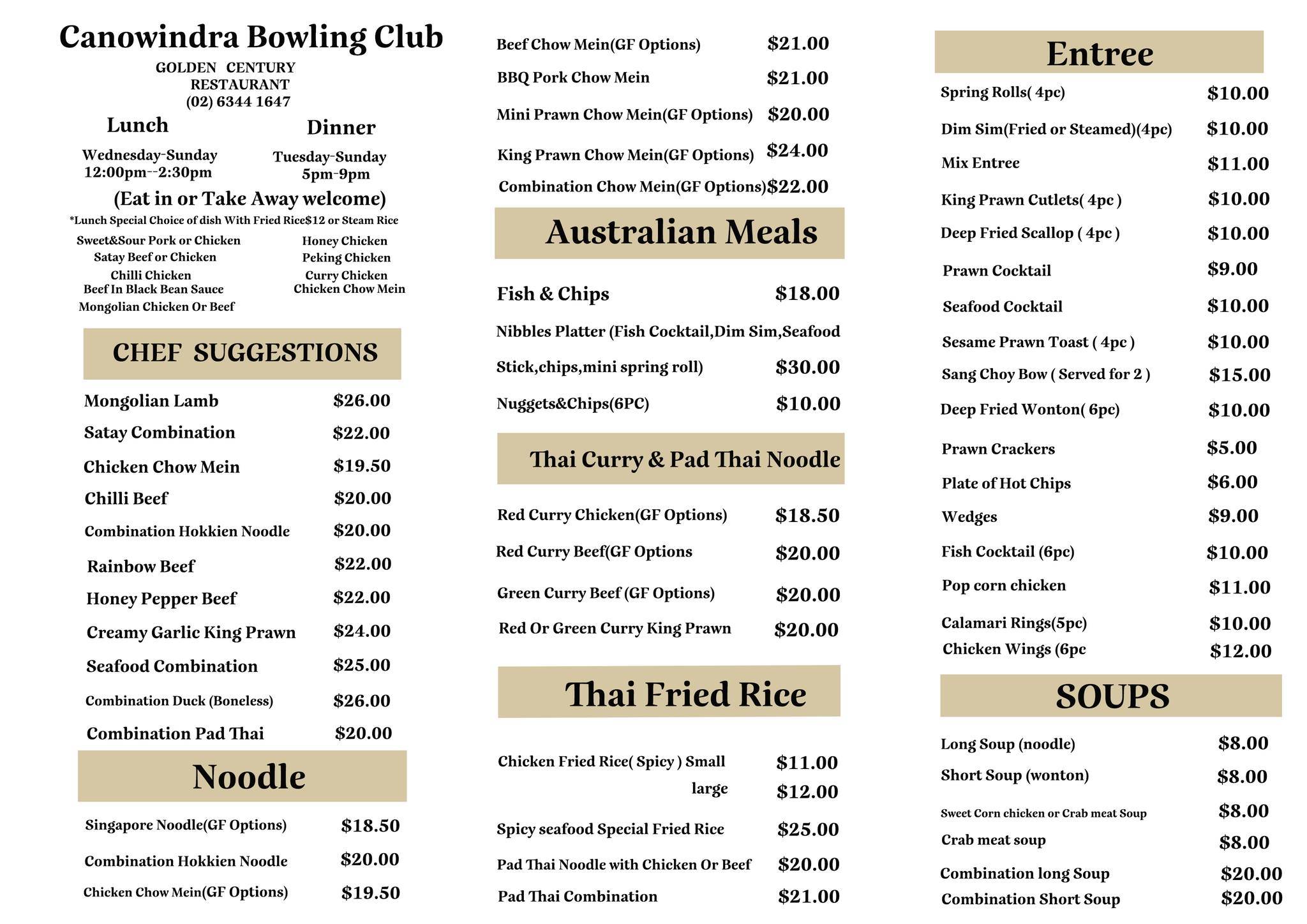 Menu at Golden Century Chinese Restaurant Bowling Club, Canowindra