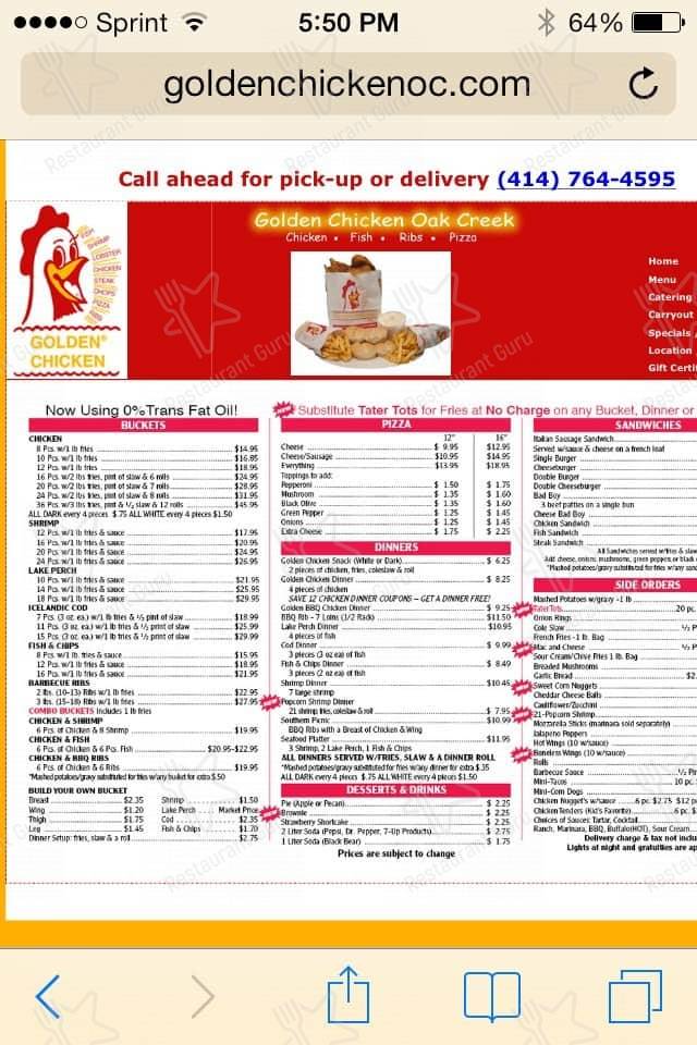 Menu at Golden Chicken pizzeria, Oak Creek, S Howell Ave